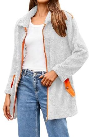 Generic Veste en peluche confortable pour femme - Automne/hiver - Couleur unie - Revers évasé à fermeture éclair - Manches longues - Vêtement dextérieur peluc