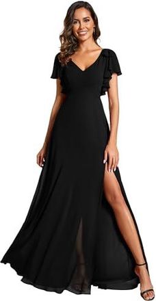 Ever-pretty Robes de Demoiselle dHonneur Arc Manches Courtes Col V Taille Empire Fendu Mariage Invités Noir 40