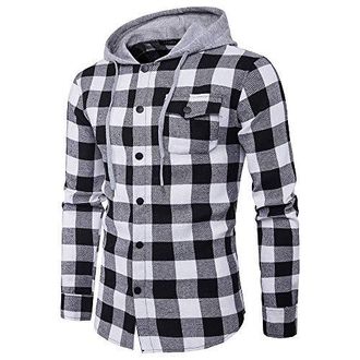 Generic Chemise &agrave; manches longues &agrave; carreaux pour hommes : sweat-shirt avec cordon de serrage chemise sup&eacute;rieure avec boutons-pression chemise de sport &agrave; capu