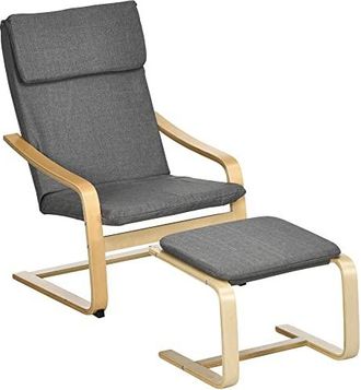 HOMCOM Fauteuil de Relaxation avec Tabouret, Aspect Lin, Moderne, rembourr&eacute;, avec accoudoirs, pour Salon, Chambre &agrave; Coucher, Gris