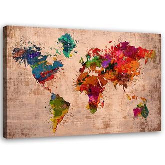 Feeby Vlies Leinwandbild XXL Geografie Weltkarte Kontinente 120x80 cm Wandbild Kunst Bilder Schlafzimmer Deko Wohnzimmer Abstraktion Erde Konturenkarte mehr