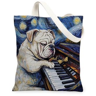 Generic Sac fourre-tout en toile motif bouledogue 33 x 38 cm, motif piano &eacute;toil&eacute;, sac d&eacute;picerie r&eacute;utilisable pour femme, animal de compagnie, chiot, peinture,