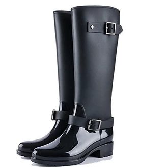 TQGOLD Bottes de Pluie Femme en Caoutchouc Talon Imperm&eacute;able Zip Hautes Wellington Boots(Noir,Taille36)