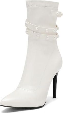 Generic Bottines habill&eacute;es &agrave; bout pointu pour femme avec fermeture &eacute;clair et talons aiguilles et perles &eacute;l&eacute;gantes pour f&ecirc;te, mariage, blanc, 37.5 EU
