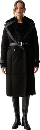 Patrizia Pepe Manteau crois&eacute; effet peau lain&eacute;e avec ceinture - Femme - Manteaux - Noir - Taille: 40 FR