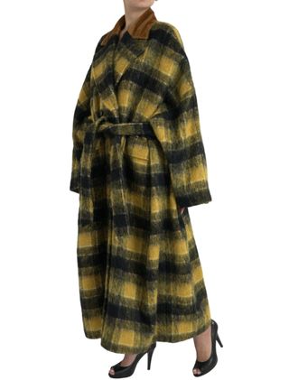 Dolce & Gabbana Womens Yellow Checkered Long Sleeve Coat Jacket Clothing
