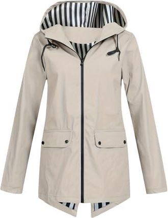 Generic Veste de pluie l&eacute;g&egrave;re pour femme avec capuche, grande taille, coupe-vent, fermeture &eacute;clair, poches, beige, XXL