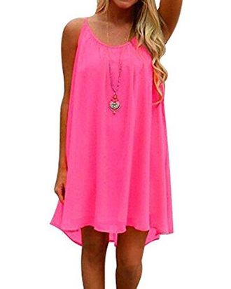 Minetom Femmes Été Casual Charmant Plage Mousseline sans Manches Robes Cocktail Tunique Lâche Asymétrique Mini Dress Pink Fluo FR 34