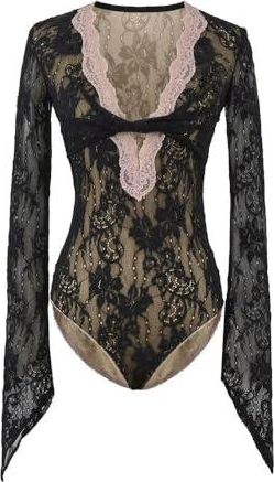 Generic YUJIEBB Body en dentelle au crochet double couche en relief pour femme avec noeud et col en V et manches &eacute;vas&eacute;es, extensible, coupe ajust&eacute;e, Noir, S