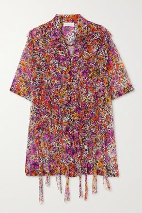 Dries Van Noten Hemd Aus Seidenkrepon Mit Blumenprint Und R&uuml;schen - Lila