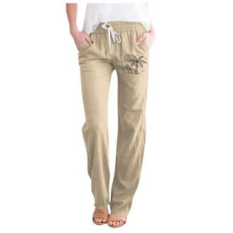 Generic Pantalon en coton et lin pour femme - Jambe large - Pantalon de plage d&eacute;t&eacute; pour femme - Confortable - Pantalon de yoga Palazzo XIYU26087, beige, 3XL