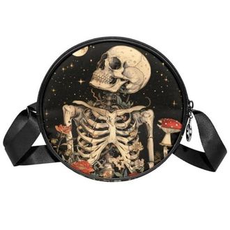 Generic Petit sac &agrave; bandouli&egrave;re rond pour femme, motif fleurs squelettes avec fermeture &eacute;clair, bretelles r&eacute;glables, sac &agrave; main rond d&eacute;contract&eacute; pour femmes e