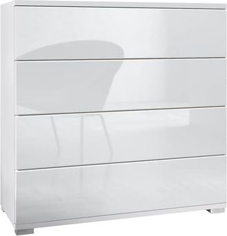 Vladon Commode Pavos V3, Buffet avec 4 tiroirs Blanc Mat/Blanc Haute Brillance (76 x 76 x 35 cm)