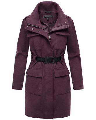 Marikoo Damen lange &Uuml;bergangsjacke Kurzmantel in Woll-Optik mit Tailleng&uuml;rtel Tanokoo 16 Dusty Plum Gr. XL