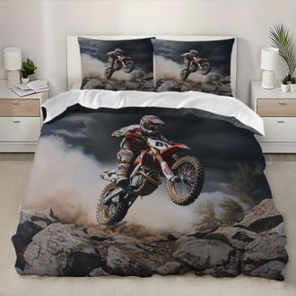 Generic Bettwäsche-Sets 155x220 cm Motocross-Grafiken Bettbezug Mikrofaser mit Reißverschluss, Weich Leicht zu reinigen Bettwäsche Dunkelgrau 3teilig für Kind
