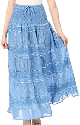 Sakkas 0604 Jupe Boho &agrave; la Dentelle et au Ruban - Sky Blue - OS