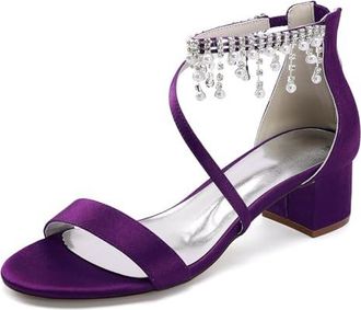 Generic Chaussures De Mariage Femme &Eacute;t&eacute; Talon Haut Sandales Satin&eacute;e Chunky Heels Bout Ouvert Mari&eacute;e Talons Bas 4.5CM,Dark Purple,35 EU