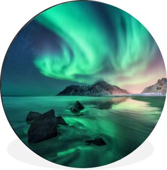 MuchoWow Wandbild Rund Wanddeko Deko Wohnzimmer Bilder 30x30 cm Nordlichter - Nacht - Reflexion - Norwegen