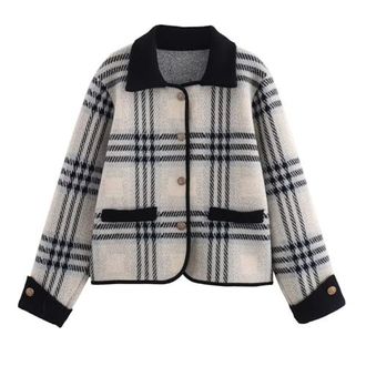 Generic Cardigan 2024 &agrave; manches longues pour femme, coupe d&eacute;contract&eacute;e, imprim&eacute; &agrave; carreaux, manteau &agrave; revers boutonn&eacute;, gris, taille unique pour le quotidien, 