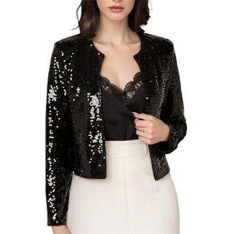Generic Blouson bomber &agrave; paillettes &agrave; manches longues et fermeture &eacute;clair pour femme avec poches, tenue de f&ecirc;te scintillante, Noir, XXL