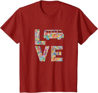 SunFrot Damen Bus Camping Liebe Blumen T-Shirt Schwarz S EU 38/40