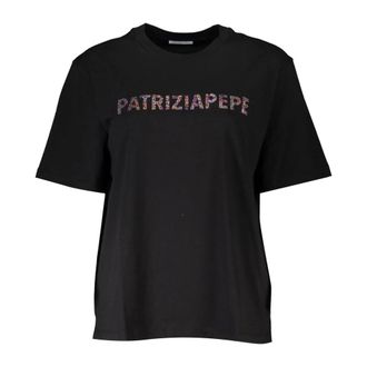 Patrizia Pepe Kurzarm-Baumwoll-T-Shirt mit Strass-Logo - - Tops - Damen - Schwarzk - XS