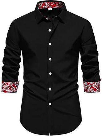 AlltheMen Chemise Luxe Hommes Décontractée Slim Fit Bouton Shirts Classiques Mariage Manches Longues Noir L