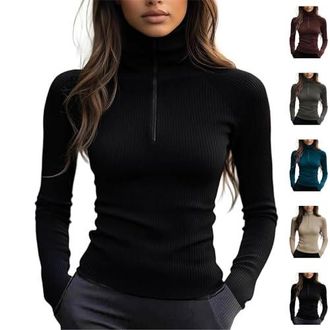 Generic Pull &agrave; col roul&eacute; c&ocirc;tel&eacute; pour femme - Couche de base thermique - Manches longues - Fermeture &eacute;clair, Noir, XXL