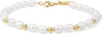 Ania Haie Chic Creator Bracelet pour femme en argent sterling 925 plaqué or 14 carats, 24 perles deau douce et 10 zircons, longueur : 16,5 + 2 cm