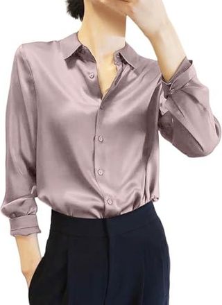 Generic Chemisiers habill&eacute;s et d&eacute;contract&eacute;s en satin pour femme - Chemisiers &agrave; manches longues grande taille pour femmes, chemise &agrave; boutons &agrave; boutons et &eacute;paul