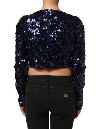Dolce & Gabbana Womens Blue Sequined Long Sleeves Crop Blouse Top Nylon