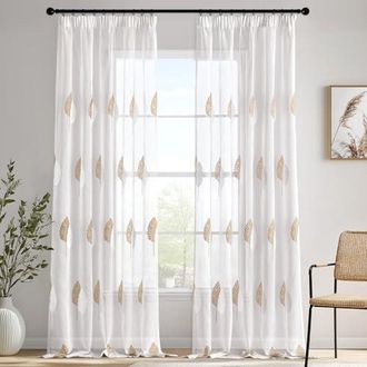 Miulee Le Rideau Transparent avec Galon Fronceur Motif de Feuilles Brod&eacute;es en Marron-Blanc Lot de 2 Rideaux Respirants Salon Chambre &agrave; Coucher Rideaux de Sty