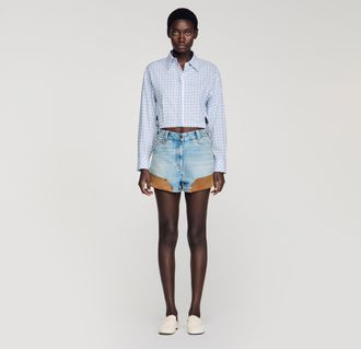 Sandro Short en denim et suede &agrave; rivets