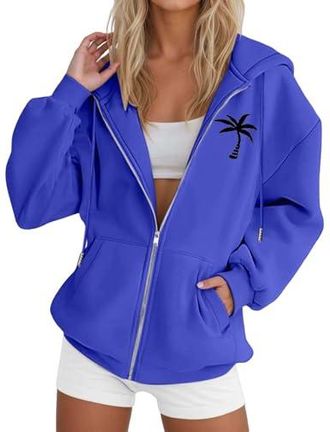 Generic 2026 Veste &agrave; capuche d&eacute;contract&eacute;e &agrave; manches longues avec cordon de serrage pour femme Motif arbre, bleu, XXL