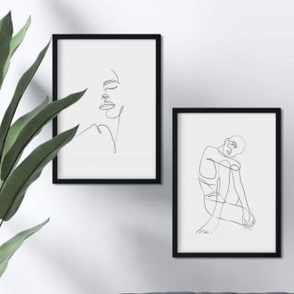 Nacnic Stellen zwei Zeichnungsblätter mit einem Schlag Face Frau, Seiten- und Front und weiblichen Akt. Poster mit einer einzigen Zeile. A4 ungerahmt