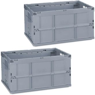 Relaxdays 2 x Profi Klappbox, stabil, Gewerbe, hochwertiger Kunststoff, Qualit&auml;t, 60L, Kiste, hbt 31,5 x 58,5 x 40 cm, grau