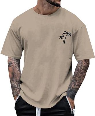 Generic Chemise décontractée à col rond et manches courtes pour homme - Imprimé cocotier - Coupe athlétique - Léger - Pull de sport, kaki, 3XL