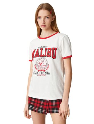 Koton Women Cotton T-Shirt Varsity Short Sleeve Crew Neck