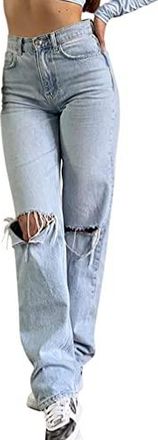 Minetom Jeans Femme Taille Haute Ample Denim Pantalon Stretch Droit D&eacute;contract&eacute; Boyfriend D&eacute;chir&eacute; Jeans Streetwear B Bleu XS