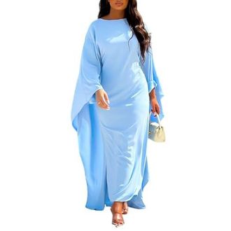 Generic Robe Abaya papillon pour femme, robe papillon fluide, en satin, couleur unie, manches chauve-souris, maxi Abaya, bleu ciel, XXL