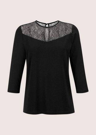 Madeleine Kurzarmshirt Rundhals-Shirt mit Spitze, Baumwollmix Uni-Design, U-Boot-Ausschnitt, Knopfverschluss im R&uuml;cken