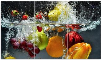 Wallario Herdabdeckplatte/Spritzschutz aus Glas, 3-teilig, 90x52cm mit 8mm hohen Füßen, für Ceran- und Induktionsherde, Früchte im und unter Wasser - Splashing
