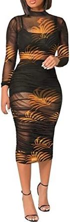 FNKDOR Robe Moulante Femme 3PCS Ensemble Haut Court à Spaghetti Bretelles+Bodycon Jupes+Transparente Mesh Robe Crayon à Manches Longues Slim Col Roulé Robe C