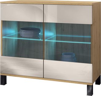 Vladon Kommode Bari V3, Moderner K&uuml;chenschrank mit 2 gro&szlig;en Glast&uuml;ren inkl. RGB Beleuchtung Eiche Evoke/Sandgrau Hochglanz (92,5 x 84.5 x 35)