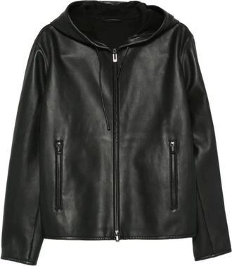 Emporio Armani Homme, Vestes, Noir, Taille: XL Veste en Cuir à Capuche Élégante avec Fermeture Éclair