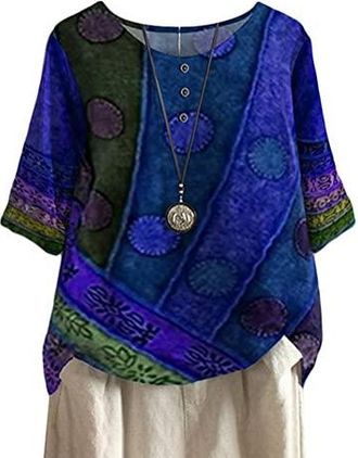 ORANDESIGNE Chemisier Femme Manches Courte Décontracté Chemise à Col Rond Élégant Chemise Lin Vintage Bouton Hauts de Plage Couleur Unie Eté F Bleu XXL