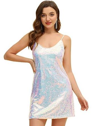 Allegra K Mini Robe à Paillettes pour Femme avec Bretelles Fines et décolleté en V pour fête, soirée Cocktail, Sortie en boîte, Blanc/Bleu, Taille L