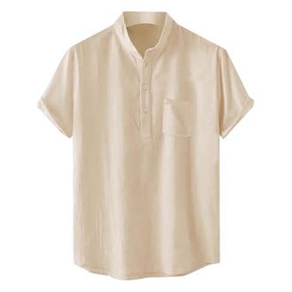 Generico Chemise en lin pour homme, chemise en coton avec col Mao d&eacute;contract&eacute; &agrave; manches courtes, chemise l&eacute;g&egrave;re d&eacute;t&eacute;, confortable et respirante, d&eacute;bardeurs de 