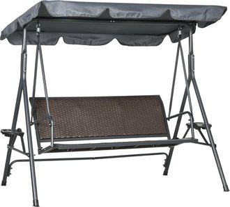 OUTSUNNY Balancelle de jardin 3 places - auvent r&eacute;glable, plateaux porte-gobelets - r&eacute;sine tress&eacute;e pe brun acier polyester gris