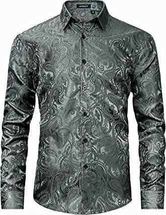 Hisdern Hommes Gris Floral Paisley Satin Chemise a Manches Longues Decontracte Mode Formelle Chemises habillees Boutons en Soie Coupe reguliere Ceremonie de F